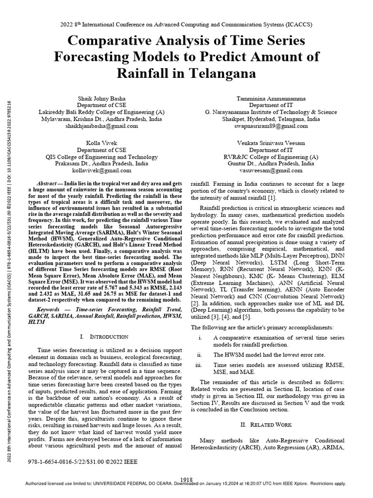 Comparative Analysis of Time Series Forecasting Models To Predict ... Comparative Analysis of Time Series Forecasting Models To Predict ...