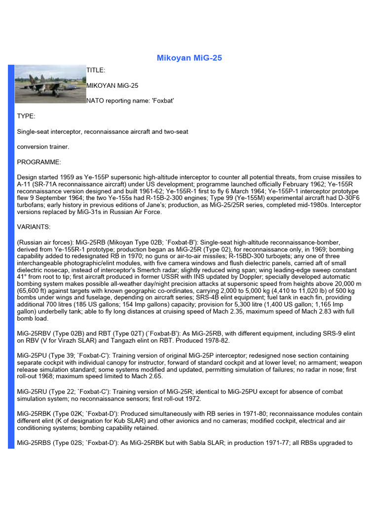 Mikoyan MiG 25 | Download Free PDF | Interceptor Aircraft | Aircraft