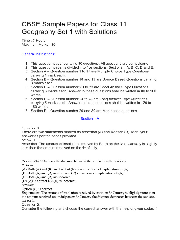 CBSE Sample Papers for Class 11 Geography Set 1 with Solutions ...