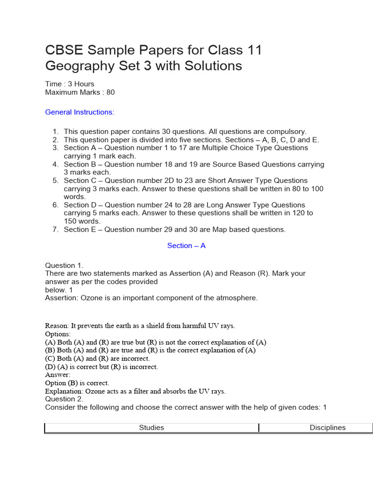 CBSE Sample Papers For Class 11 Geography Set 3 With Solutions | PDF ...