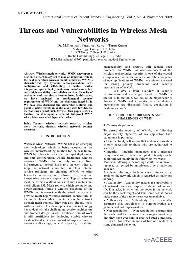 Threats and Vulnerabilities in Wireless Mesh Networks | PDF | Computer ...