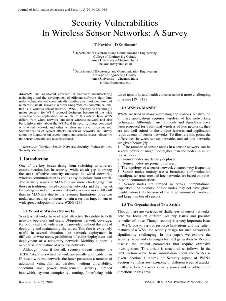Security Vulnerabilities In Wireless Sen Pdf Wireless Sensor Network Computer Network