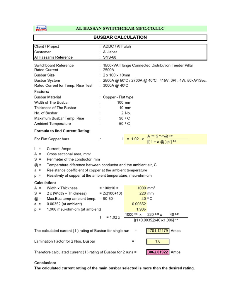 Busbar Calculation for 2500A System | PDF | Physical Sciences ...