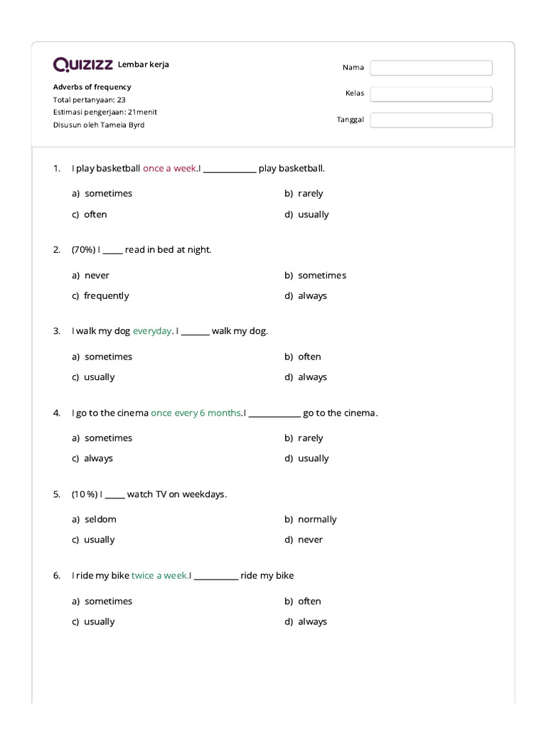 Adverbs of Frequency Worksheet | PDF | Adverb | Semantic Units