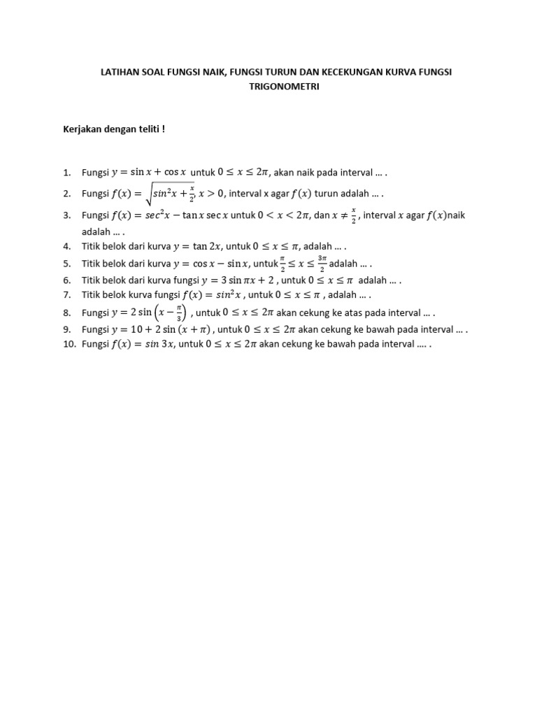 Latihan Soal Fungsi Naik, Fungsi Turun Dan Kecekungan Kurva Fungsi Trigonometri | PDF