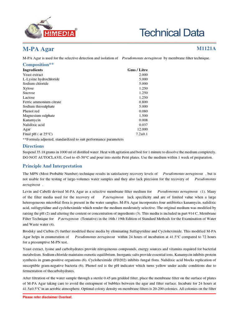 M-PA Agar: Composition | PDF | Agar | Pseudomonas Aeruginosa