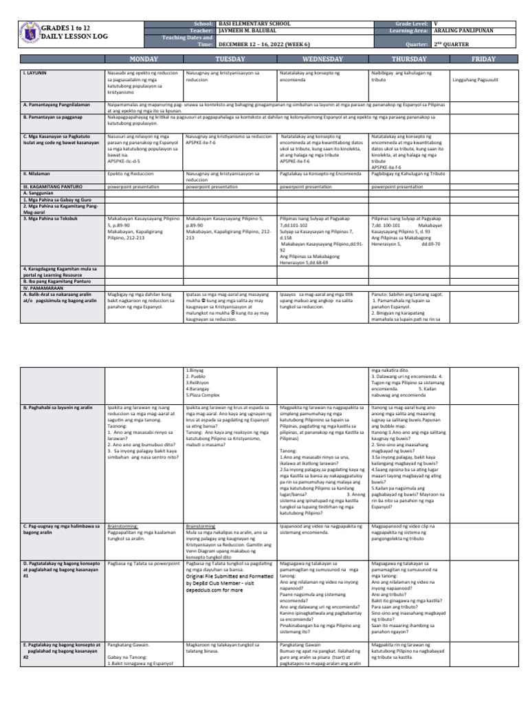 DLL - Araling Panlipunan 5 - Q2 - W6 | PDF