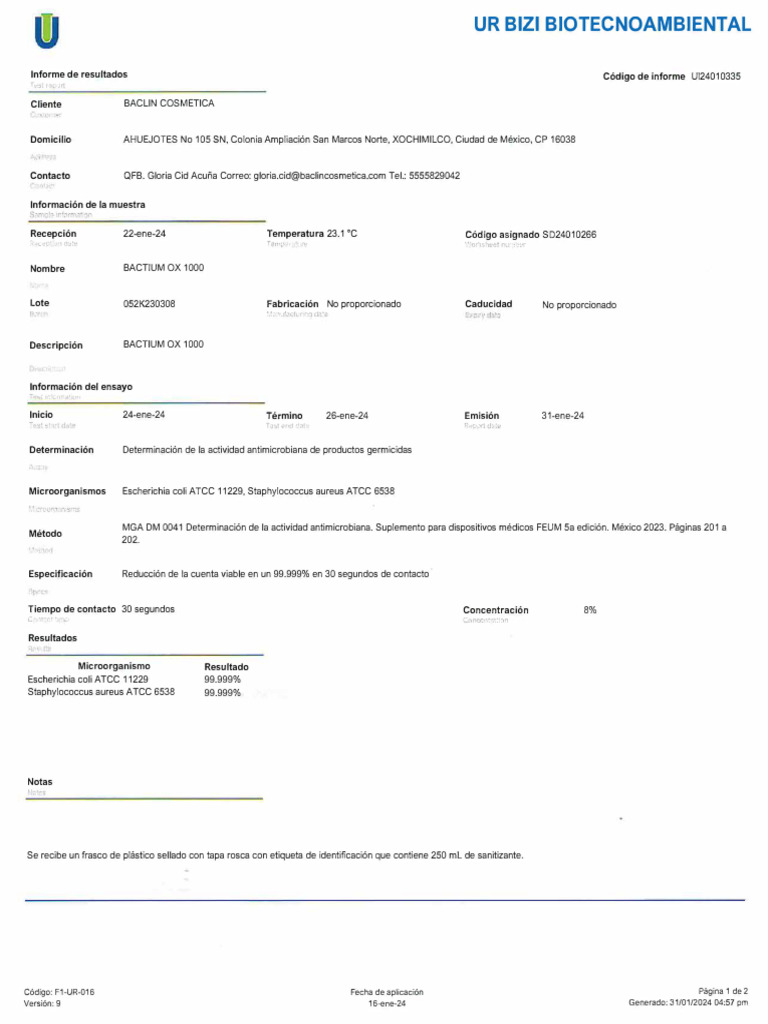 Baclin Cosmetica: Bactium Ox 1000 | PDF