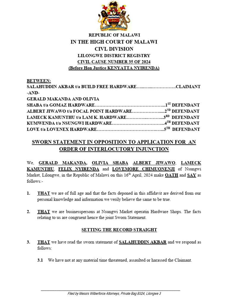 Sworn Statement in Opposition - Makanda | PDF | Civil Law (Common Law ...