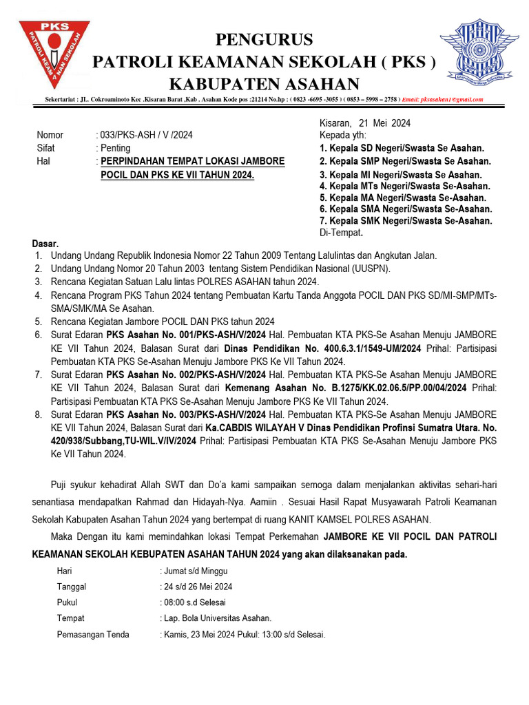 Surat Perubahan Tempat Jambore Pocil Dan PKS Ke Vii Tahun 2024 | PDF