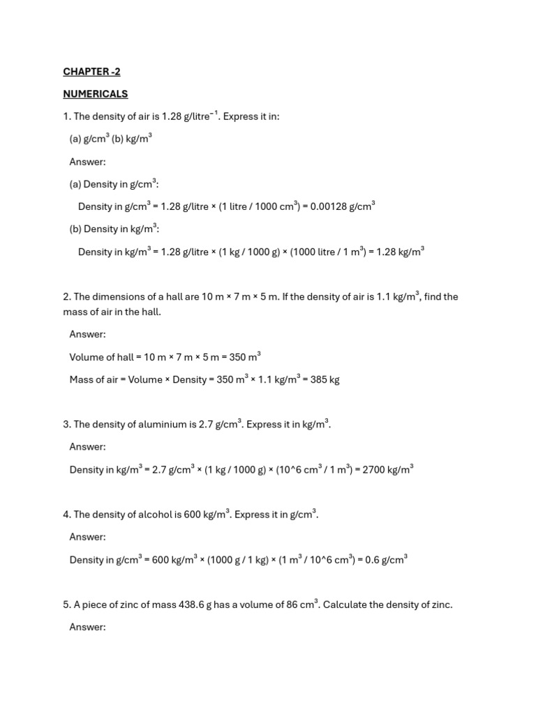 Chapter - 2 Numericals | PDF | Pressure | Density