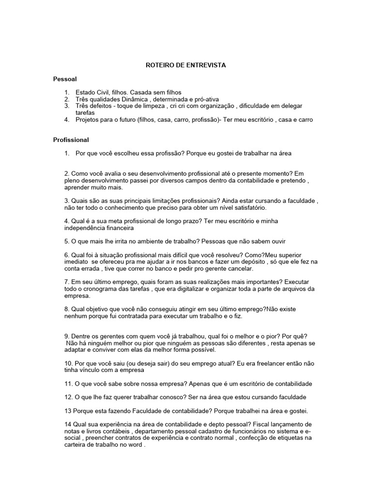 Roteiro de Entrevista | Download grátis PDF | Contabilidade