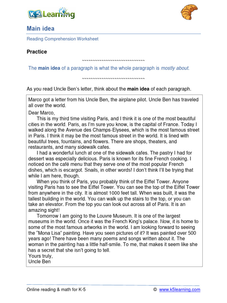 Main Idea and Supporting Details - Reading Comprehension Worksheets For ...