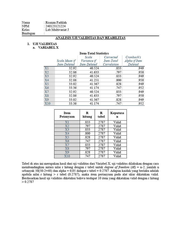 Analisis Uji Validitas Dan Reabilitas | PDF | Metode & Bahan Ajar