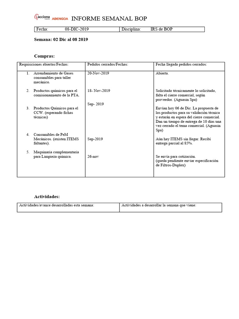 Informe Semanal PeM 29-11-2019 BOP Carlos Cordoba | PDF
