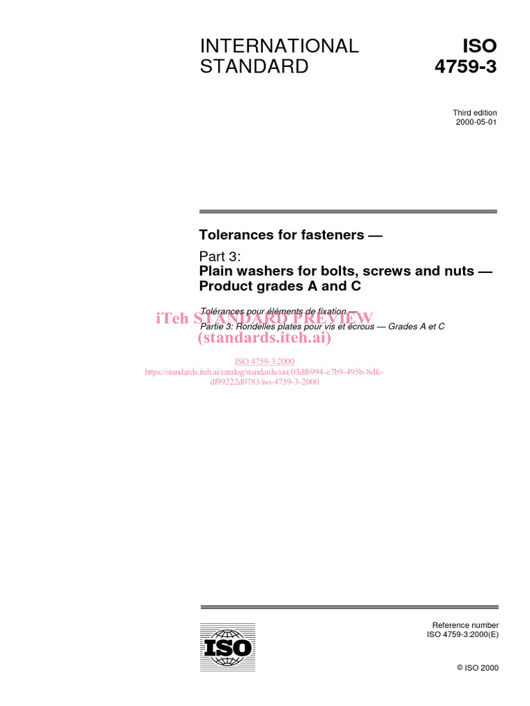 ISO-4759-3-2000-Tolerances for washers | PDF | Screw | International ...