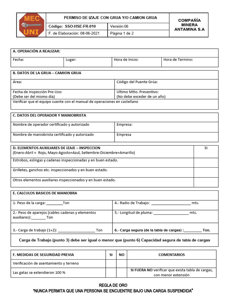 Sso-Hse-Fr-010 Permiso Izaje Con Grua - Camion Grua | PDF