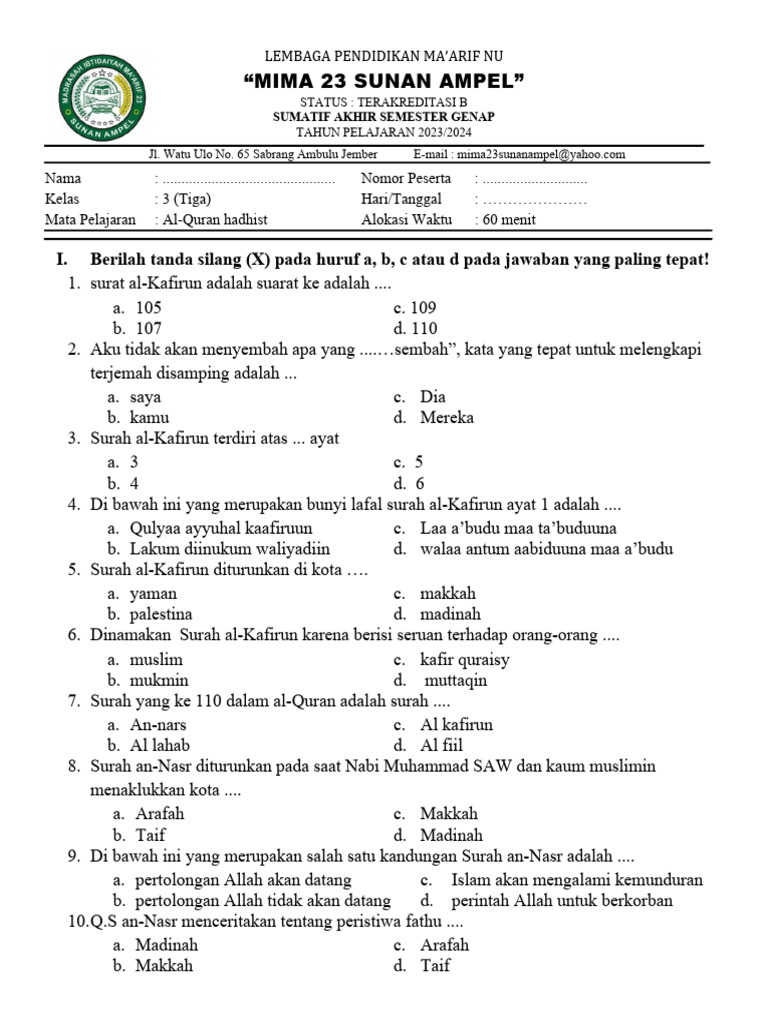Soal Pat Qurdis Kelas 3 Semester 2 | PDF
