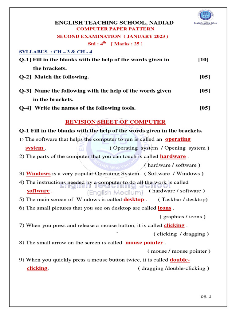 STD - 4 Revisionsheet of Computer | PDF | Button (Computing) | Icon (Computing)