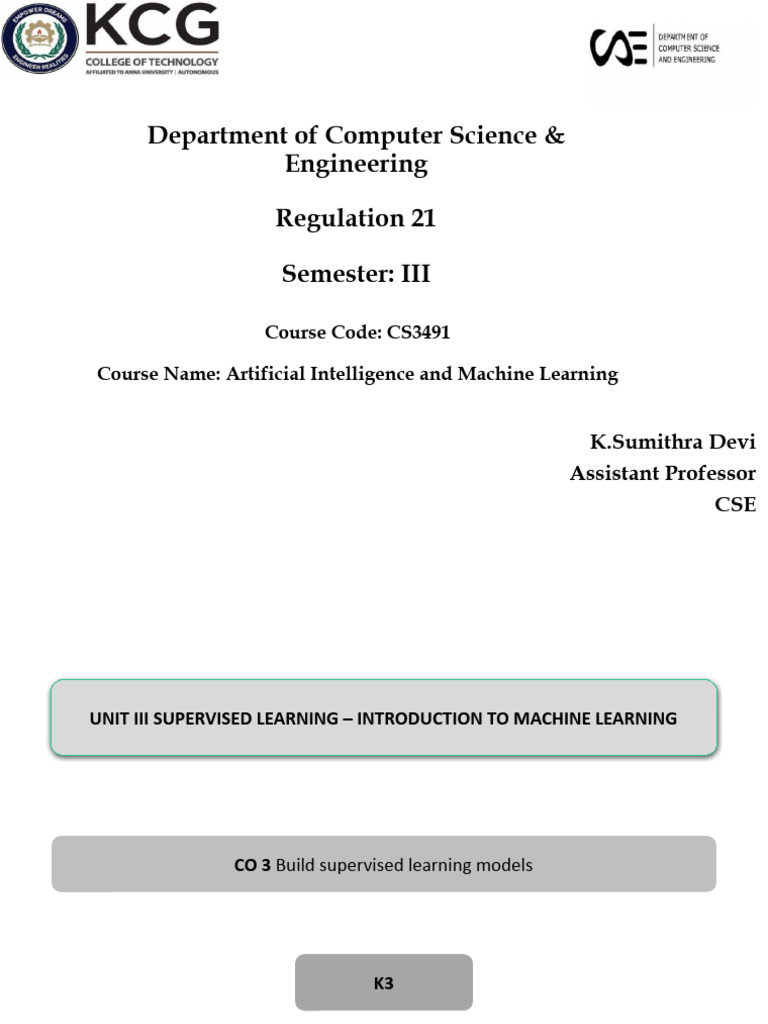 Cs3491 - Aiml - Unit III - Introduction To Machine Learning1 | PDF | Machine Learning ...