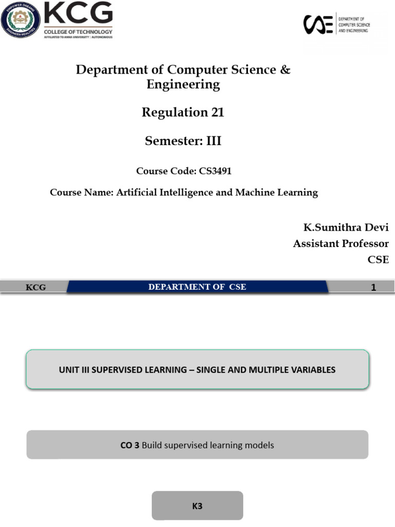 Cs3491 - Aiml - Unit III - Single and Multiple Variables | Download Free PDF | Regression ...