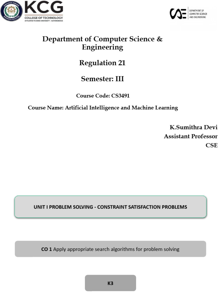 Cs3491 - Aiml - Unit I - Constraint Satisfaction Problems | PDF | Algorithms And Data Structures ...