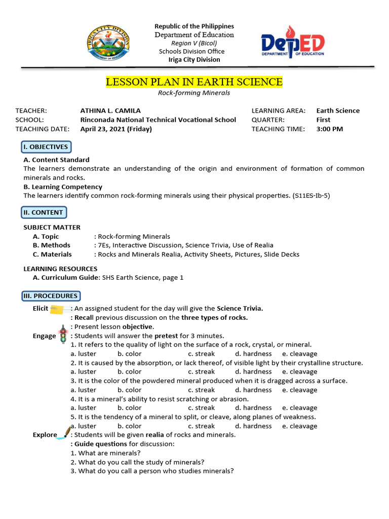 Lesson Plan - COT 2 LAC SHS | PDF | Minerals | Mineralogy