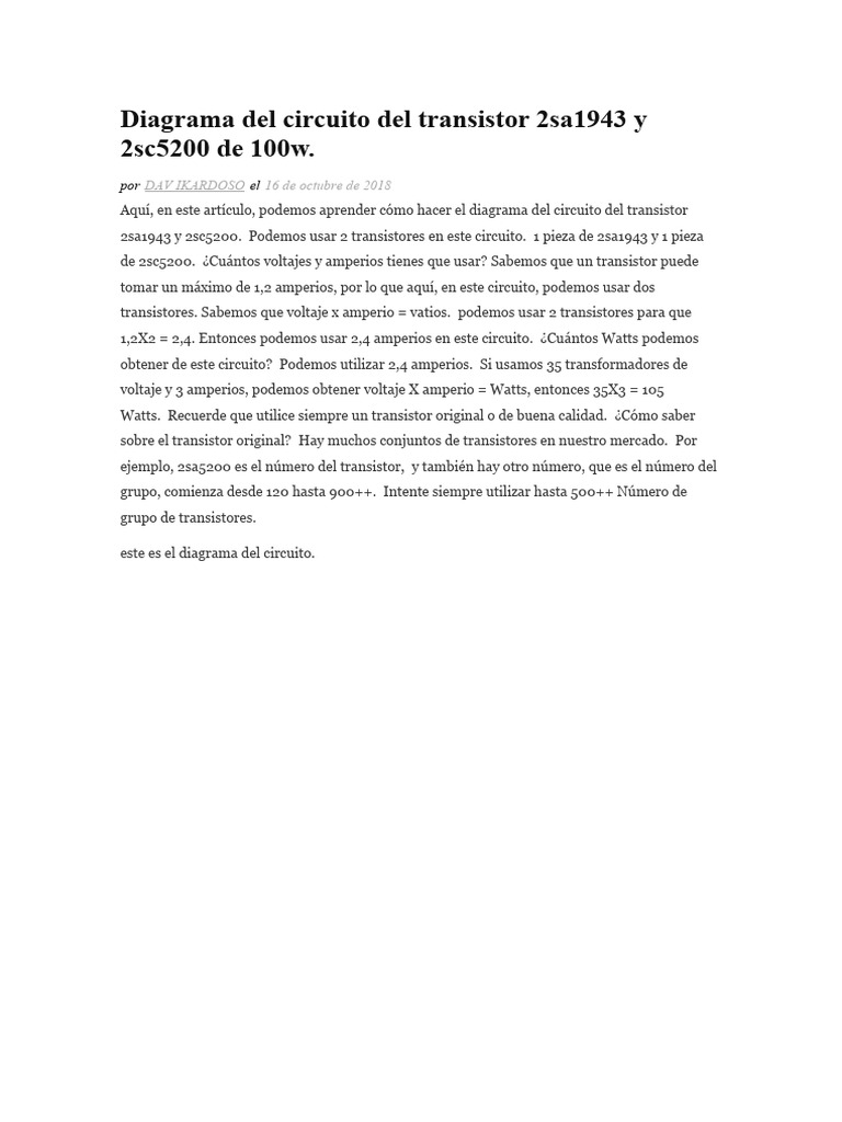 Diagrama Del Circuito Del Transistor 2sa1943 y 2sc5200 de 100w | PDF