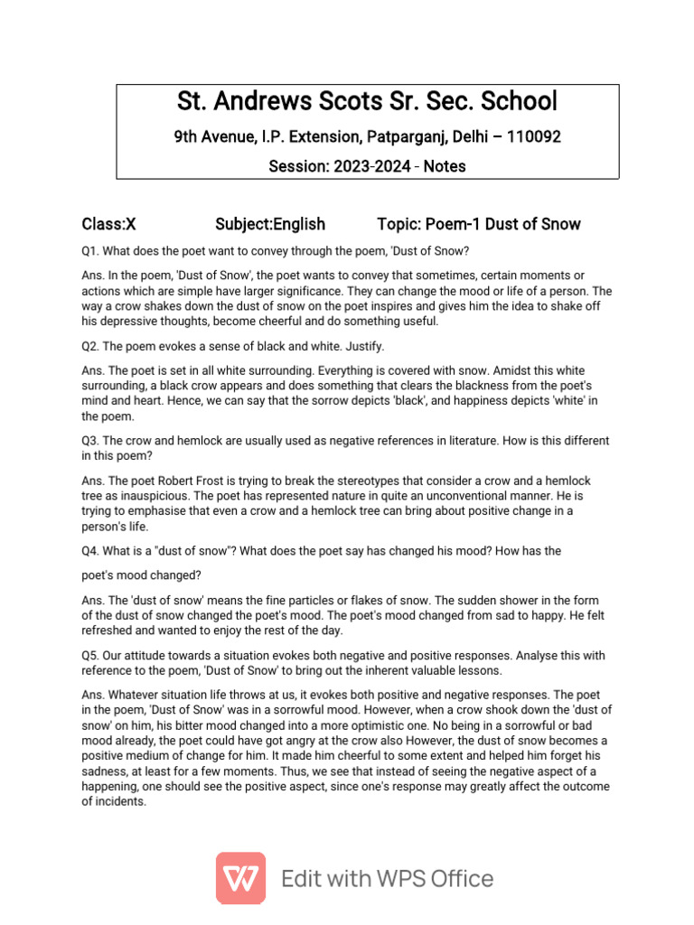 English - Poem Dust of Snow Notes (X) | PDF | Mood (Psychology ...