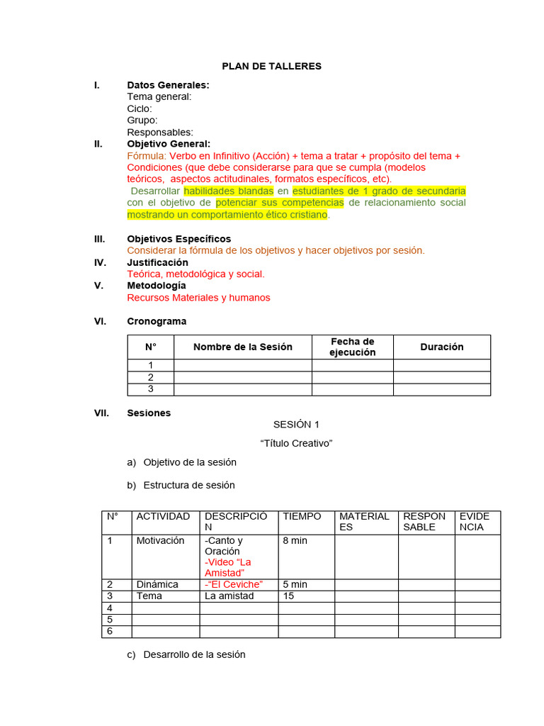 PLAN DE TALLERES | PDF