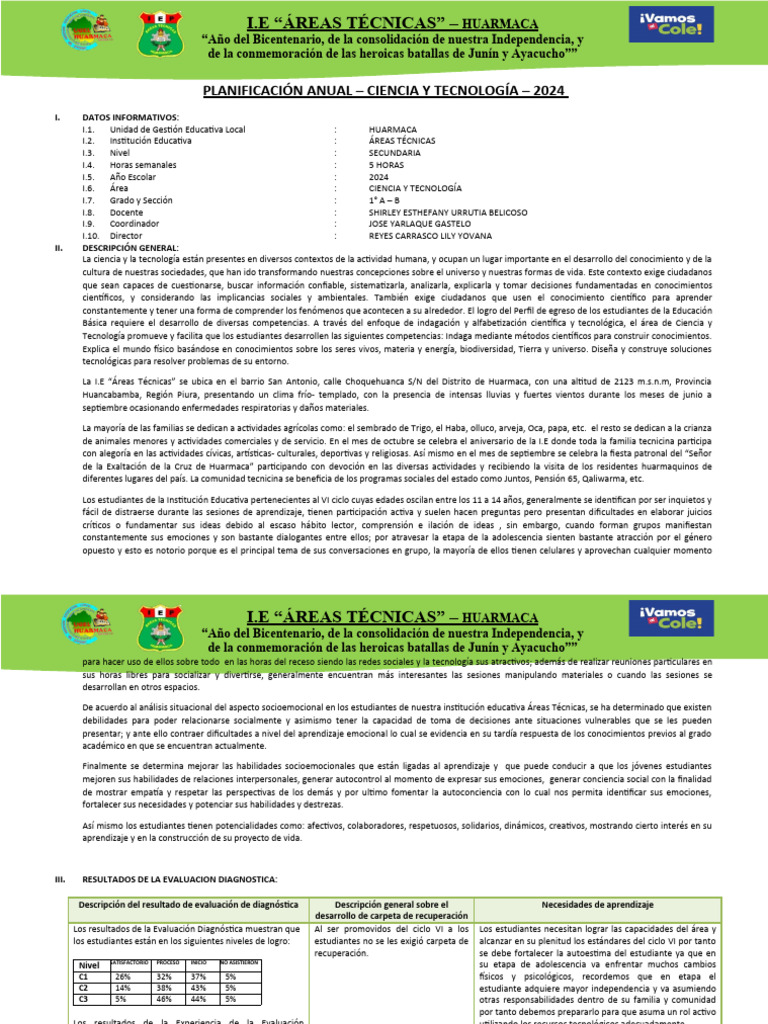 PROGRAMACION ANUAL DE CYT - 1 A-B - 2024 | Descargar gratis PDF | Evaluación | Aprendizaje