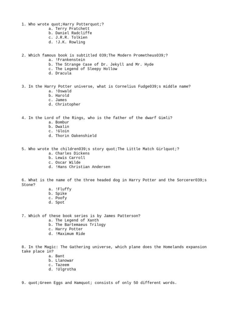 Book and Comic Trivia Quiz | PDF | Witches (Discworld)