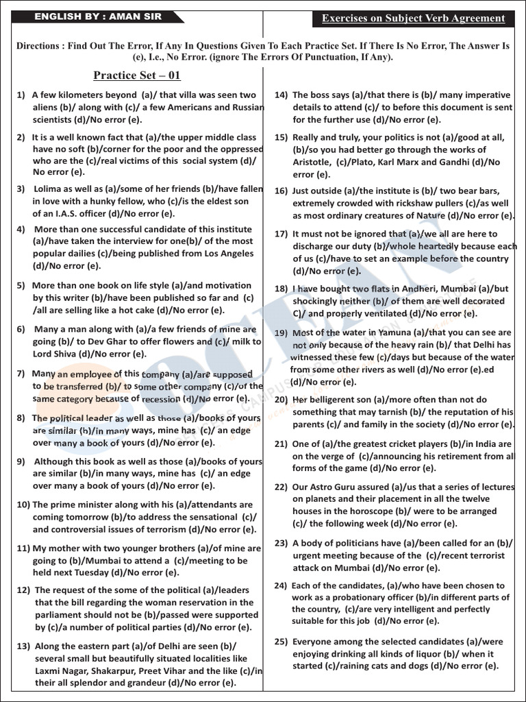 Subject-Verb Agreement Practice Set | PDF