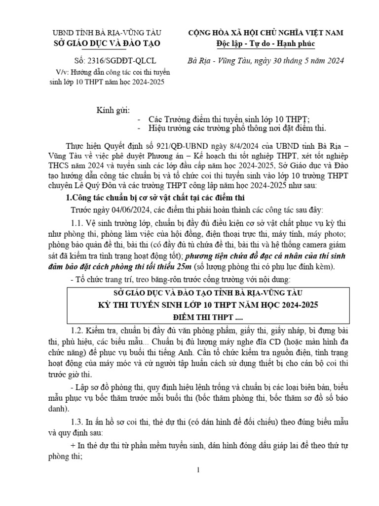 Huong Dan Cong Tac To Chuc Coi Thi - Ky Thi Tuyen Sinh Lop 10 THPT Nam Hoc 2024-2025 | PDF