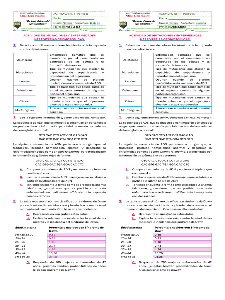 IMPRIMIR- ACTIVIDAD No. 4 - ENFERMEDADES HEREDITARIAS CROMOSOMICAS Y MUTACIONES | Descargar ...