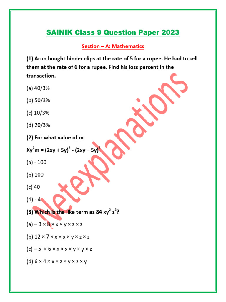 SAINIK Class 9 Question Paper 2023 | PDF | Ear | Anode