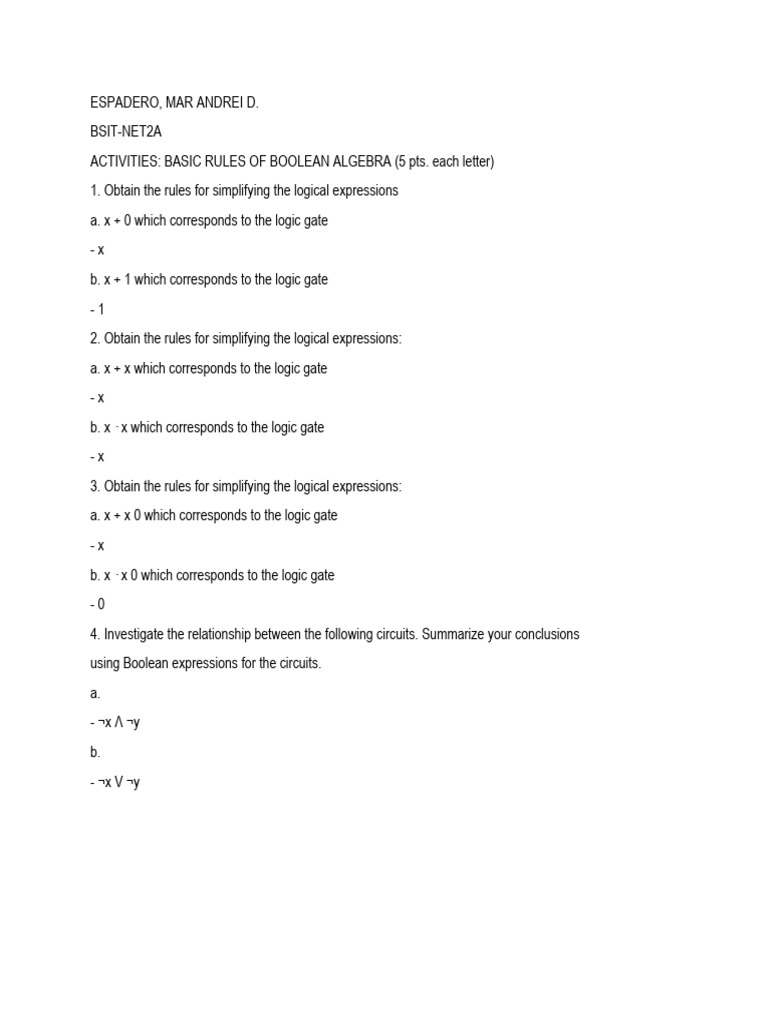 Boolean Algebra Activity | PDF