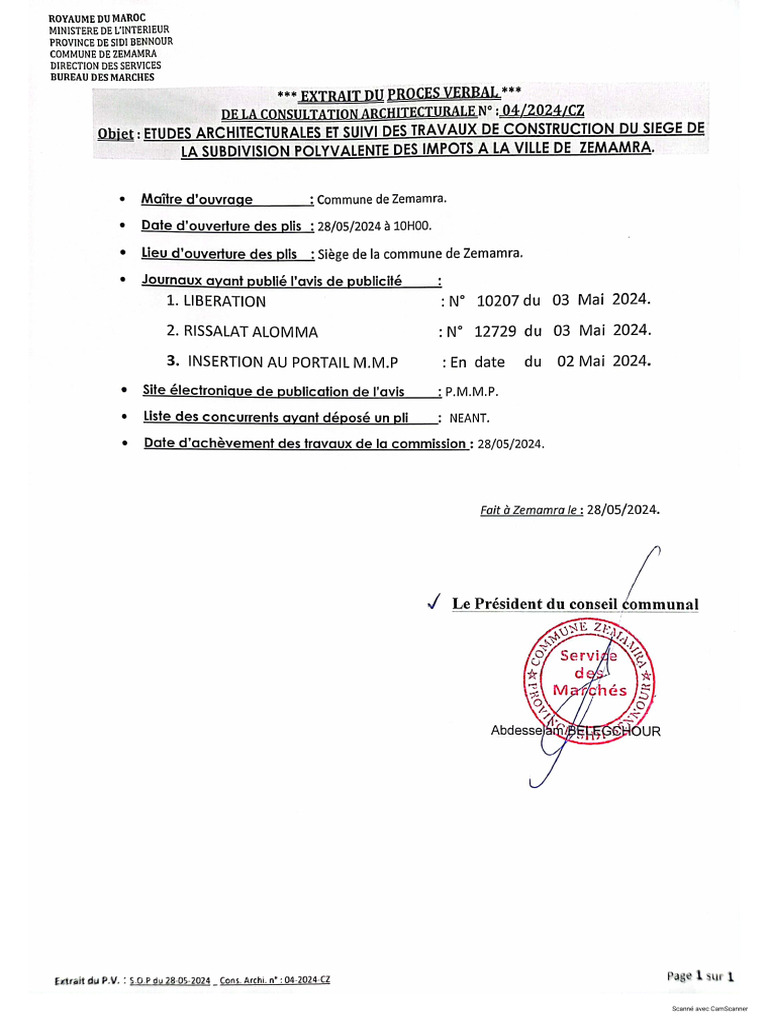 Extrait de P.V.Cons. Archi. N° 04-2024-CZ | PDF