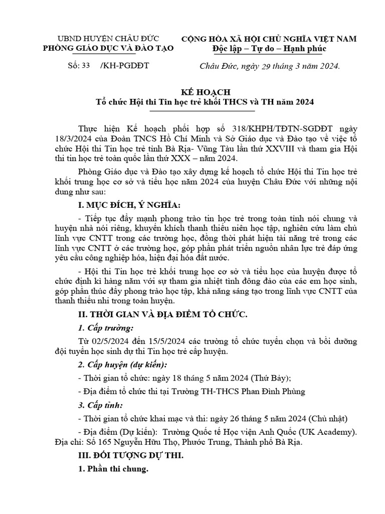 Ke Hoach Hoi Thi Tin Hoc Tre 2024 E8394 | PDF