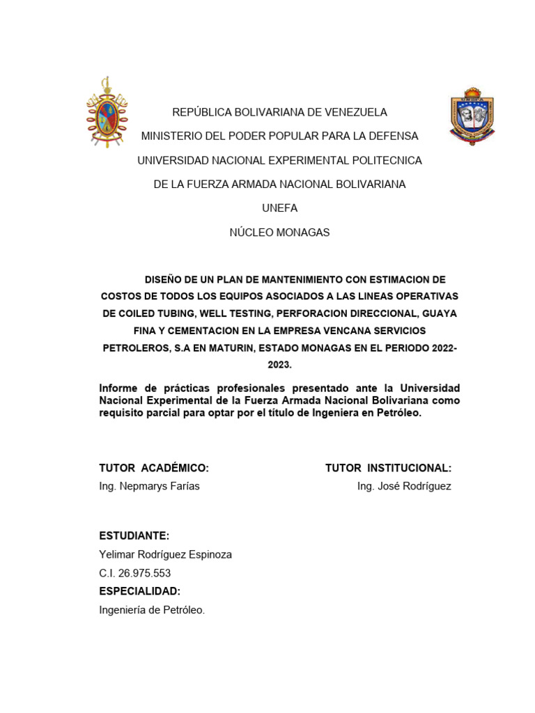 Elaborar e Implementar Un Plan de Mantenimiento Con Estimacion de Costo ...