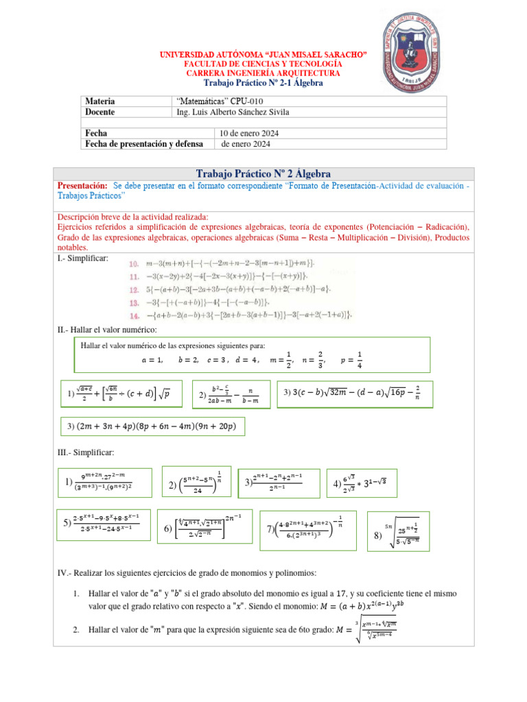 876403044-Práctico Unidad #2-1 Álgebra | PDF | División (Matemáticas) | Sustracción