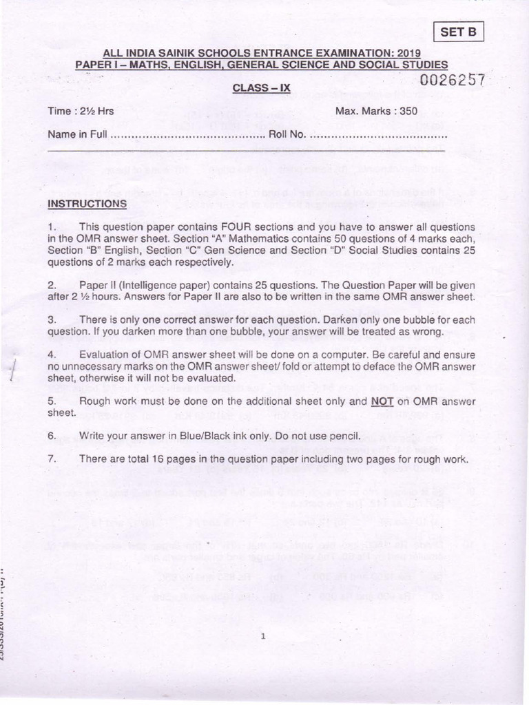 Sainik School Question Paper 2019 for Class 9 Set B Jan 6 | PDF | Area | Triangle