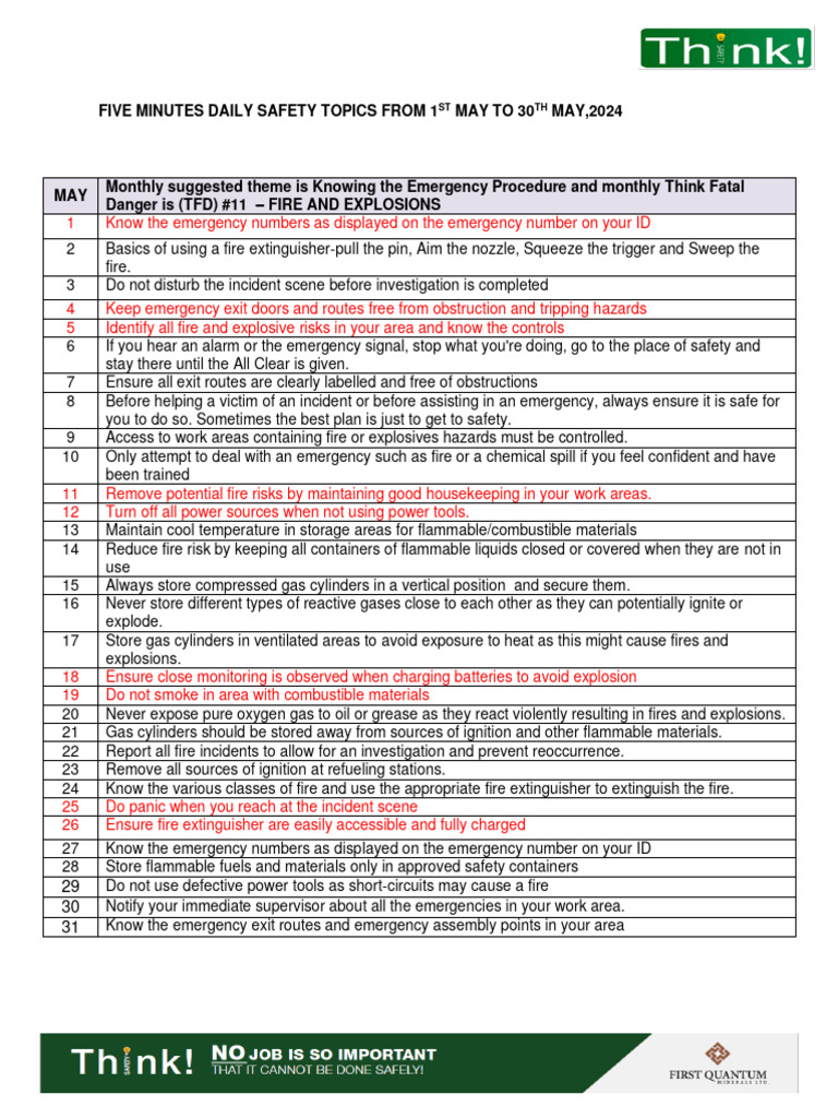 Daily Safety Topics For May, 2024 | PDF | Fires | Hazards