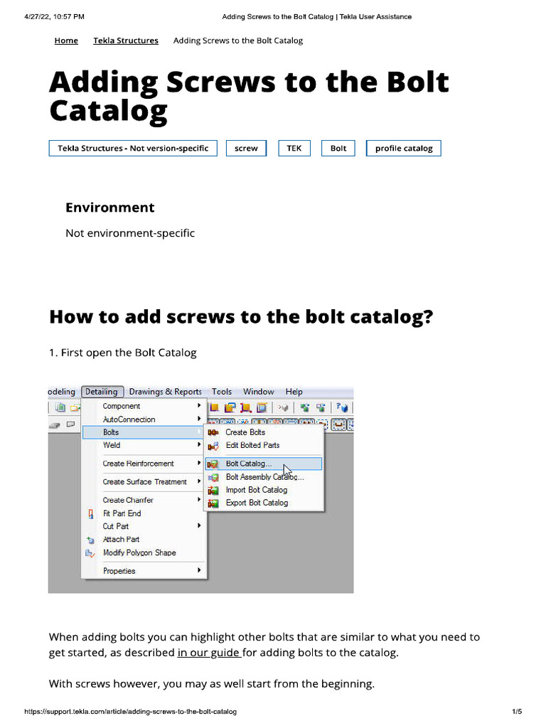 Adding Screws To The Bolt Catalog - Tekla User Assistance | PDF