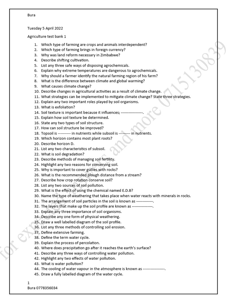 Agriculture Test Bank Questions | PDF | Soil | Agriculture