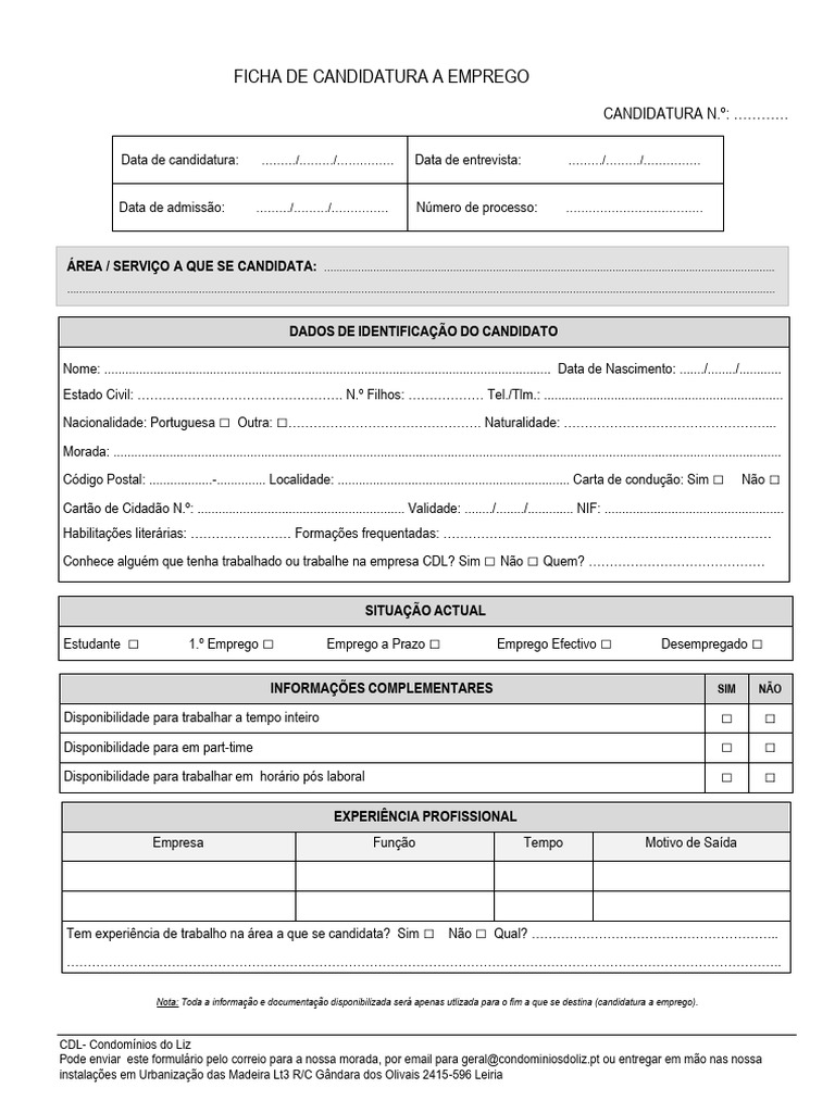 Ficha Candidatura Emprego | PDF