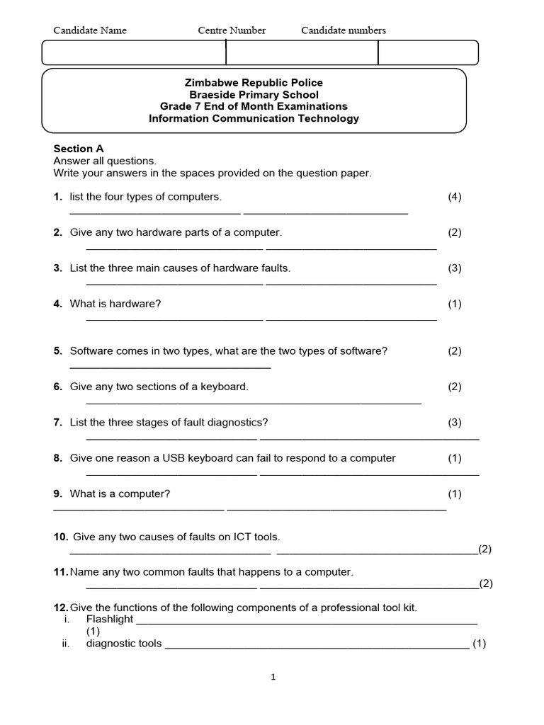 Grade 7 ICT Exam Questions & Answers | PDF | Microsoft Word | Input/Output