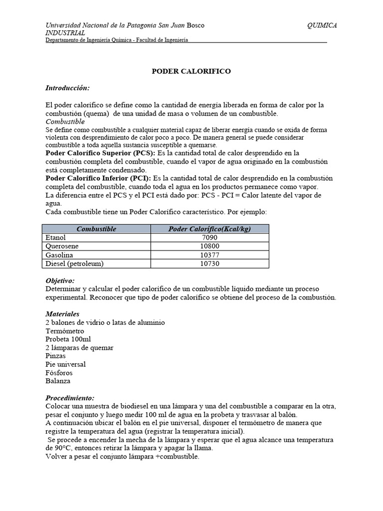 Determinacion Del Poder Calorifico | PDF | Combustibles | Calor