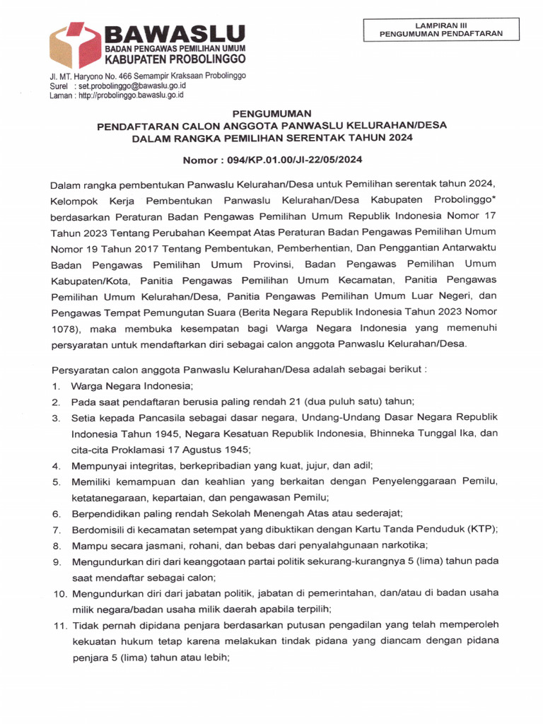 Pengumuman Pembentukan Pkd Pemilihan Tahun 2024 | PDF