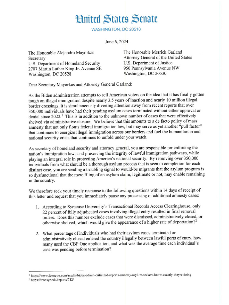 (DAILY CALLER OBTAINED) - Sens. Thune Vance Letter To DHS DOJ Re ...